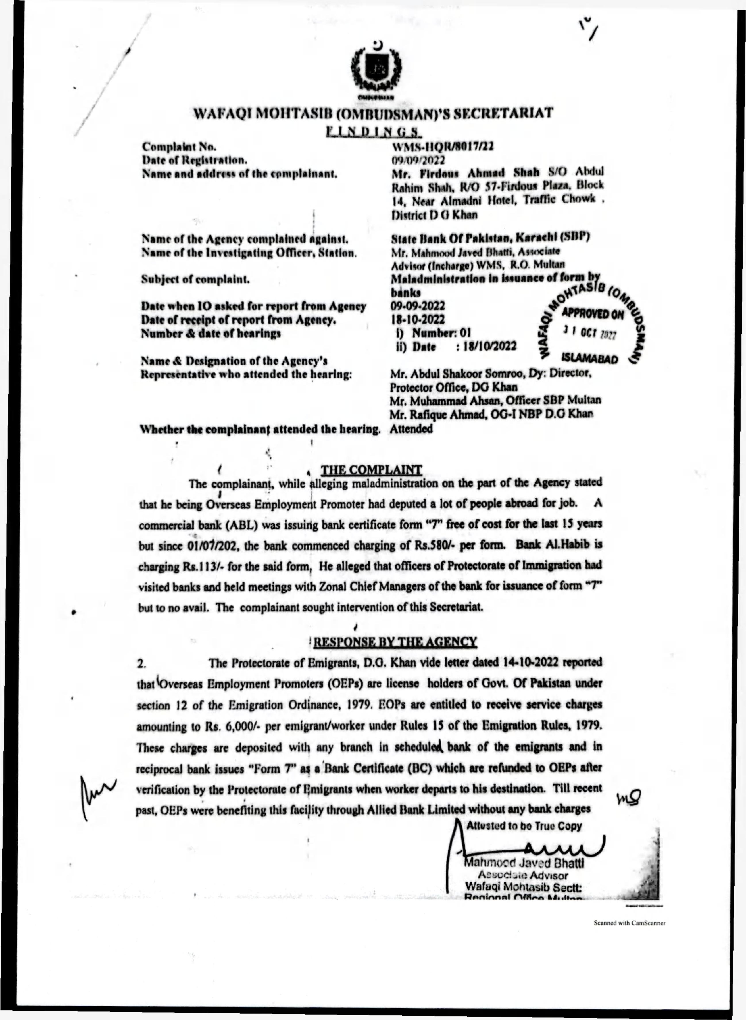Issuance Of BC Form 7 By Scheduled Bank For OEPs Bureau Of Emigration